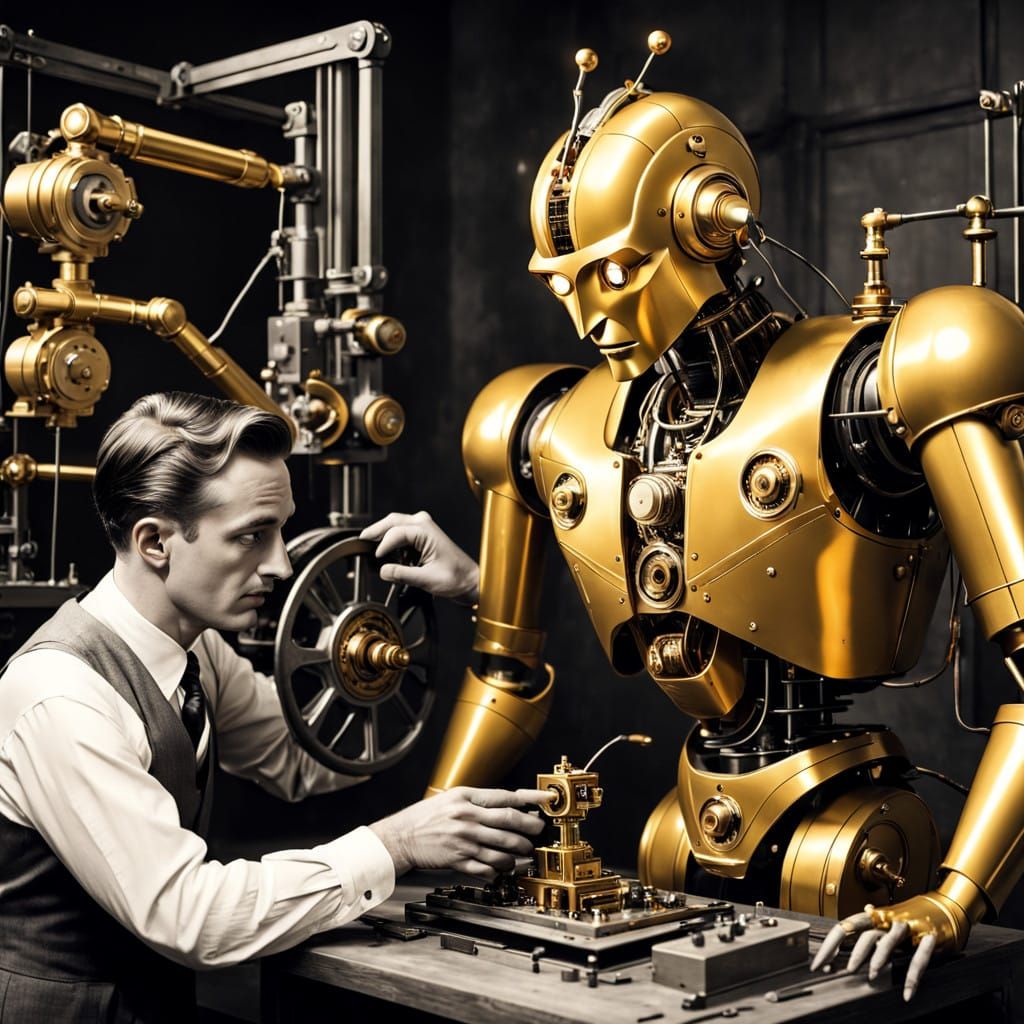 Glamorous Inventor and Golden Robot in a Classic N... - AI Art