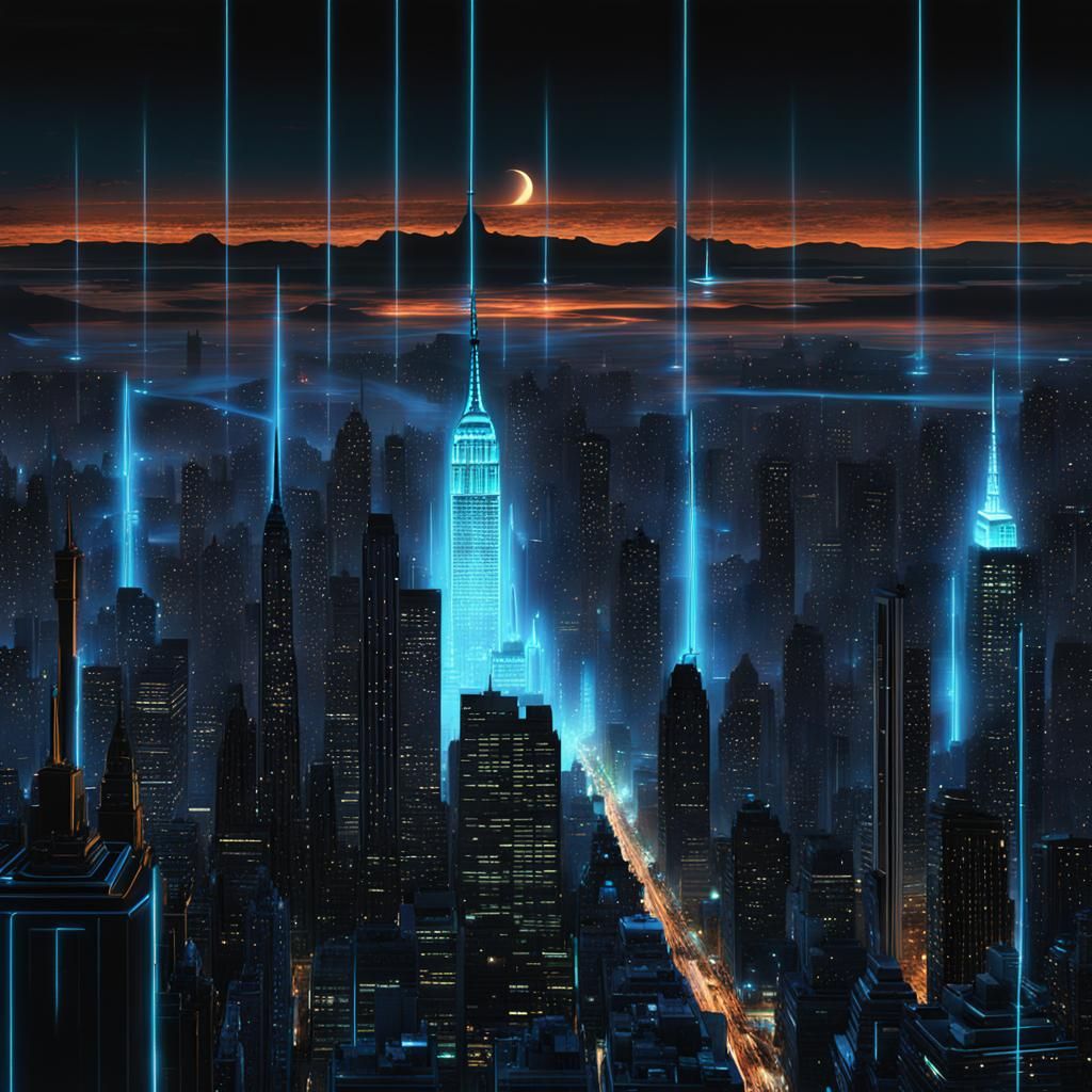 Newyork City + Night + Tron Legacy + Neon Blue Outline + Solar Sailer ...