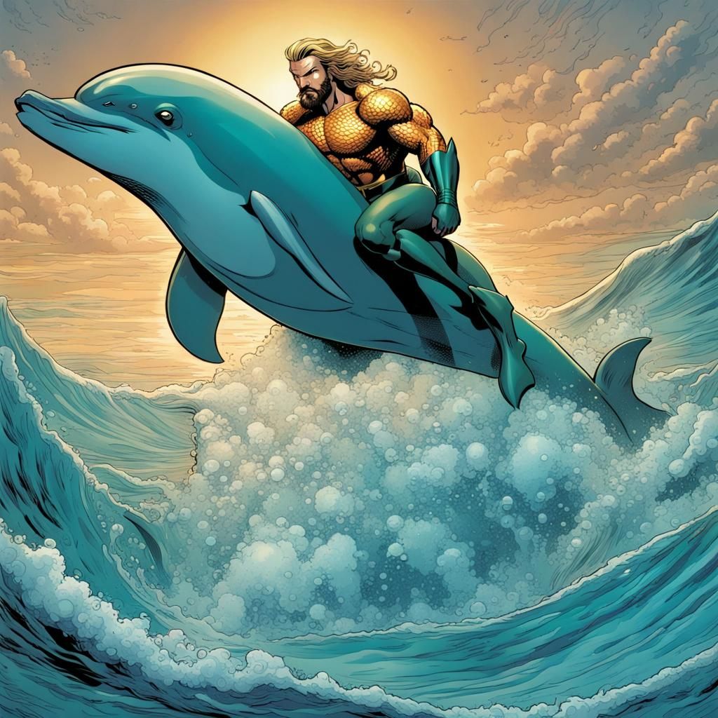 High quality illustration of Aquaman riding a dolphin
