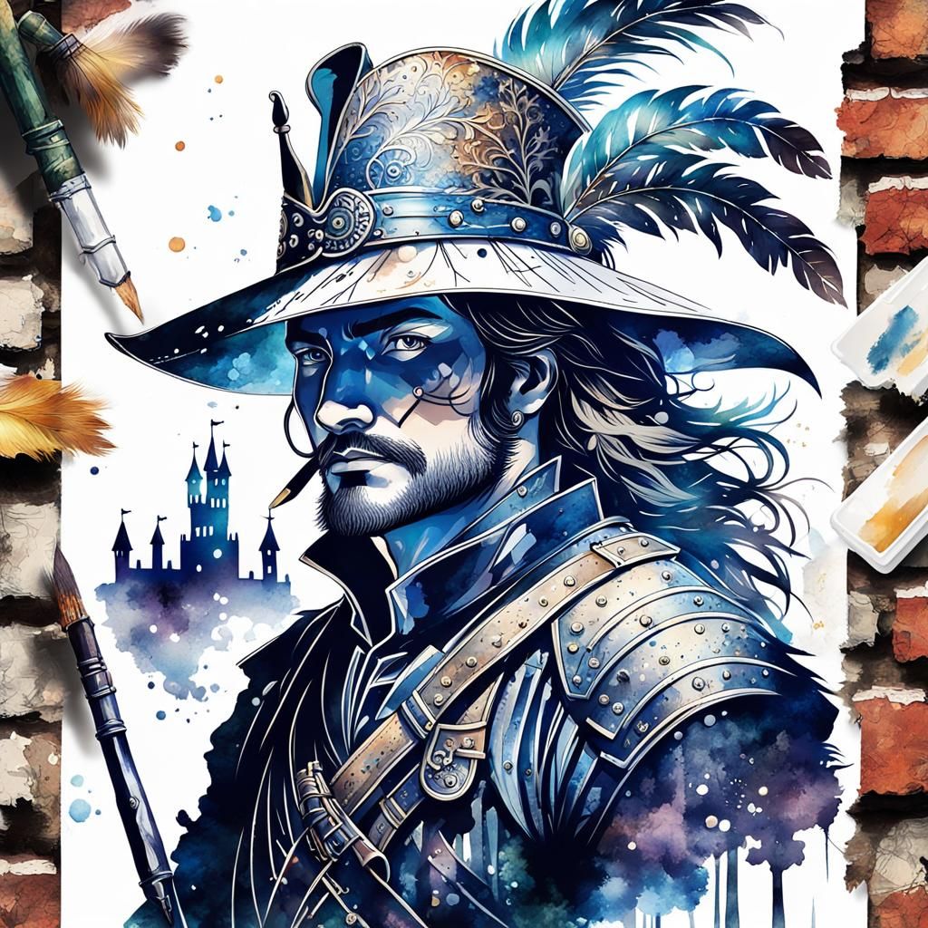 Over-detailed portrait of Brave Musketeer in a double exposure with ...