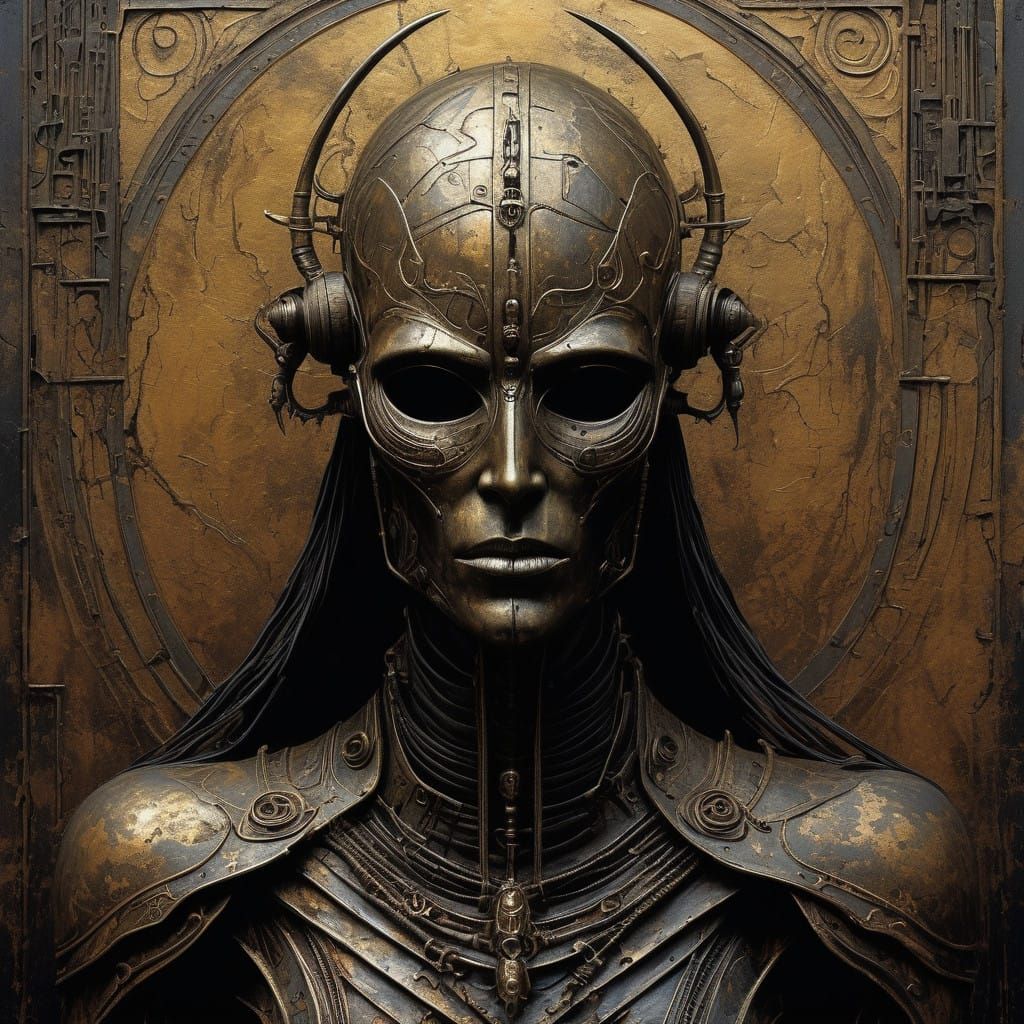 "A haunting portrait of a humanoid figure with their entire face ...