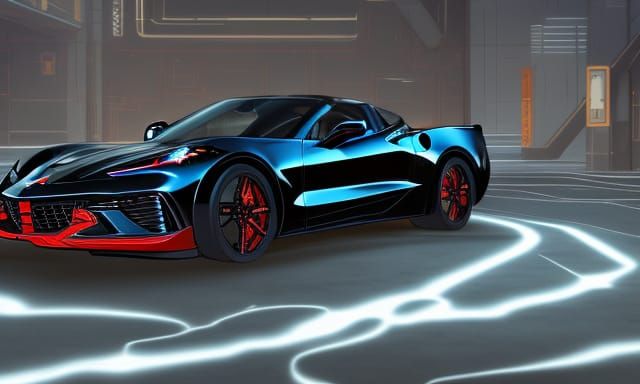 Full body display of a Black 2021 Corvette mixed with a futuristic ...