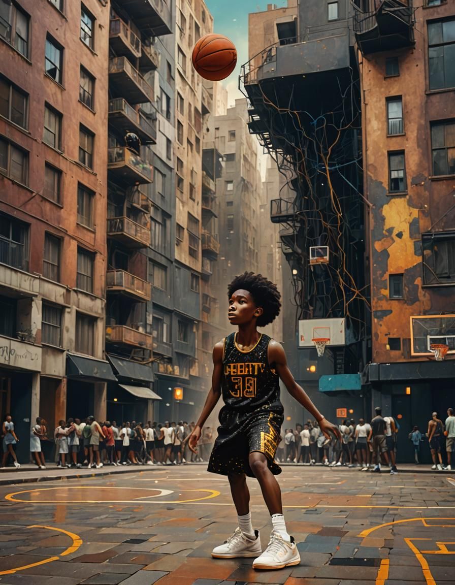 Afrofuturism, glitch art, black boy playing basketball on a city court ...