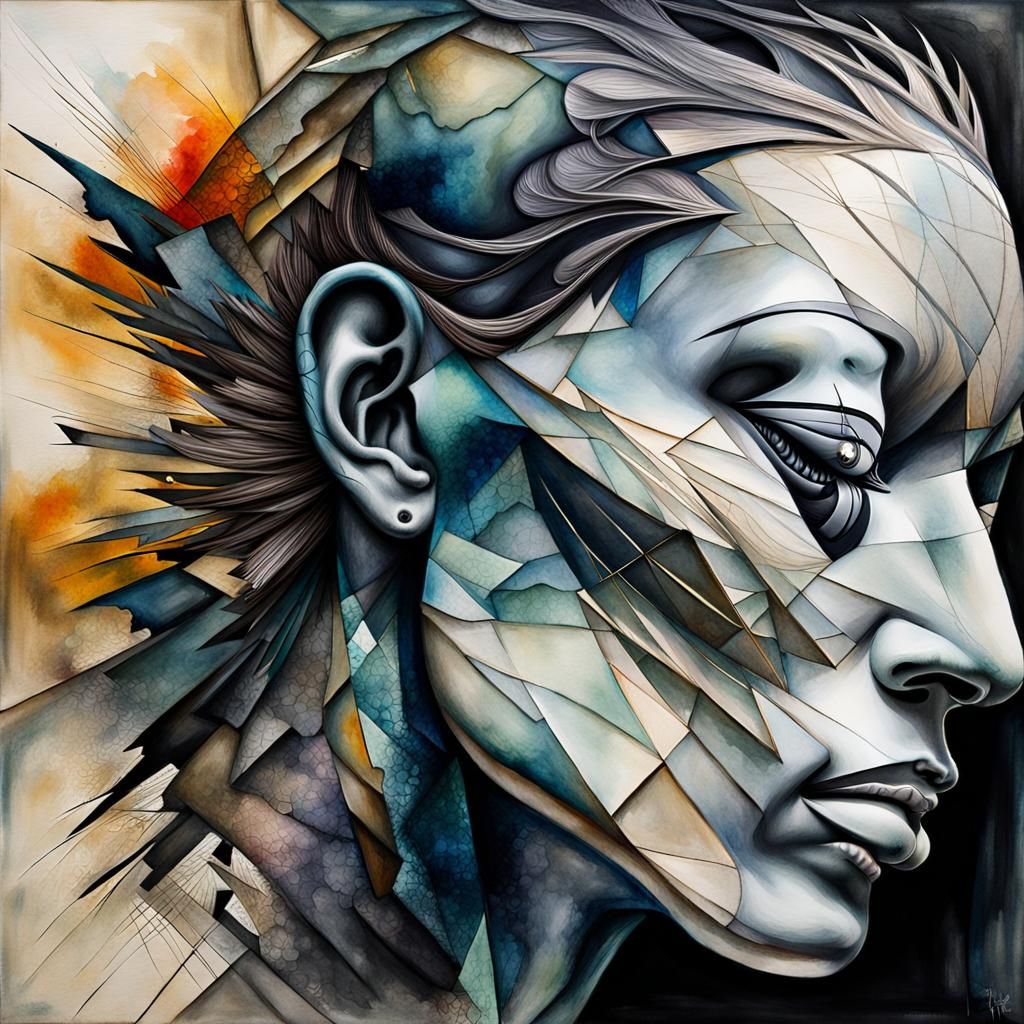 full face intriguing captive Profile abstract surreal mixed media ...