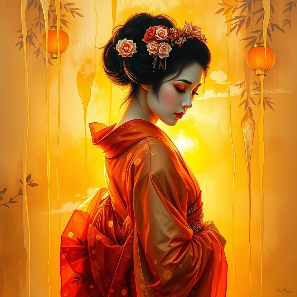 Dripping Geisha - Golden Geisha Amidst Luminous Streams
