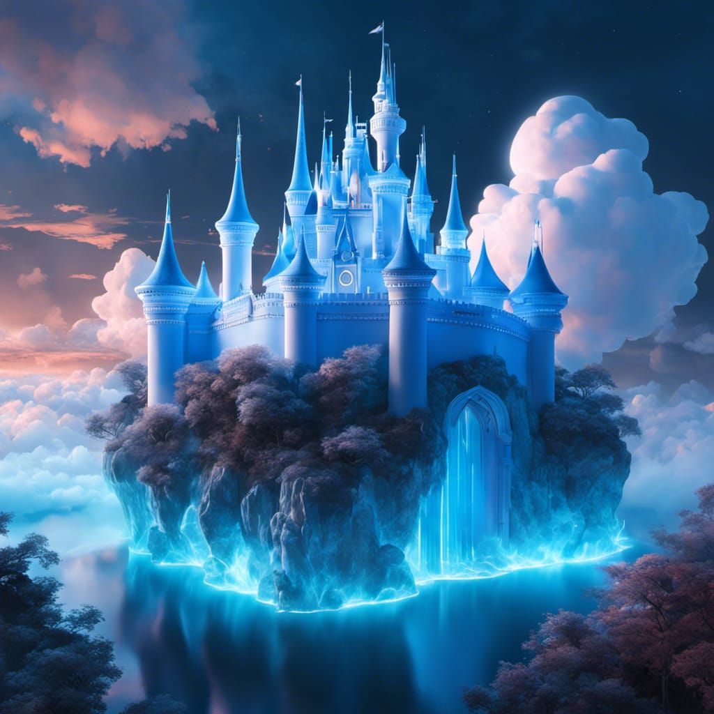 disney princess castle made as clouds on bioluminescent white glow ...