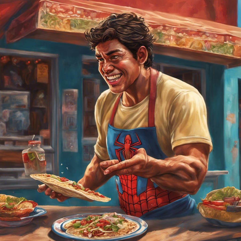 Spiderman selling tacos, taco stand, apron, mexican style tacos, street ...