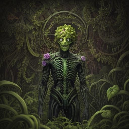 Strange H. R. Giger style half-plant half-human creature in liminal ...