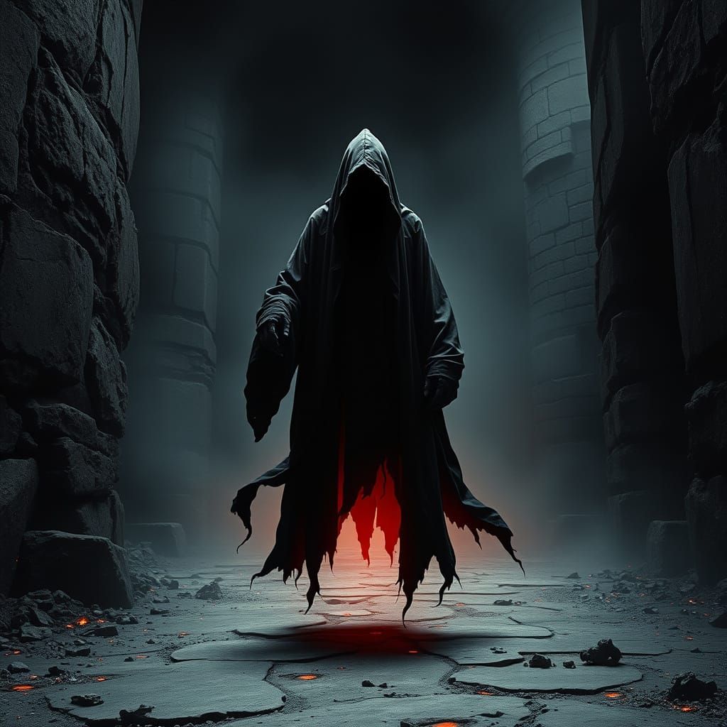 Red Floating Ghost. - Dark, Hooded Ringwraith in Fiery Red G...