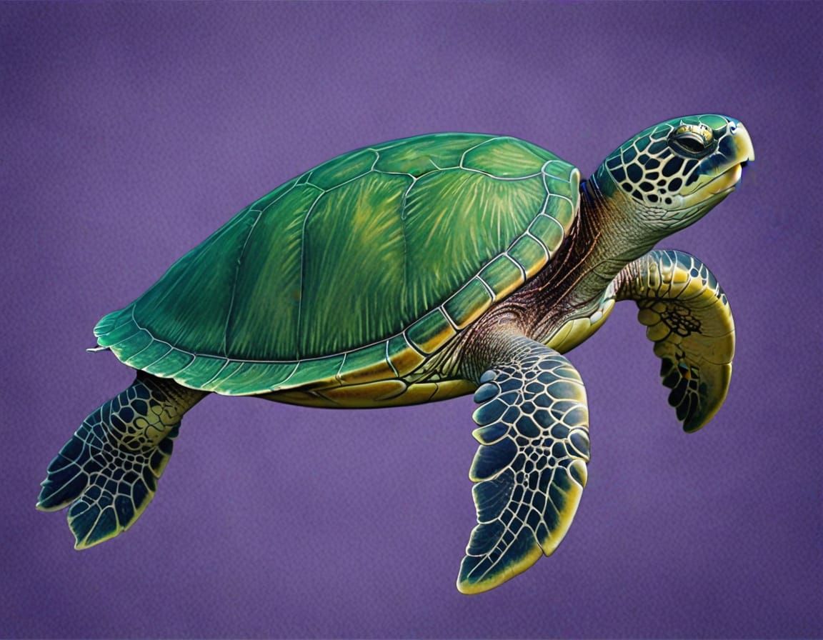 green turtle with blue tinted feet on purple background