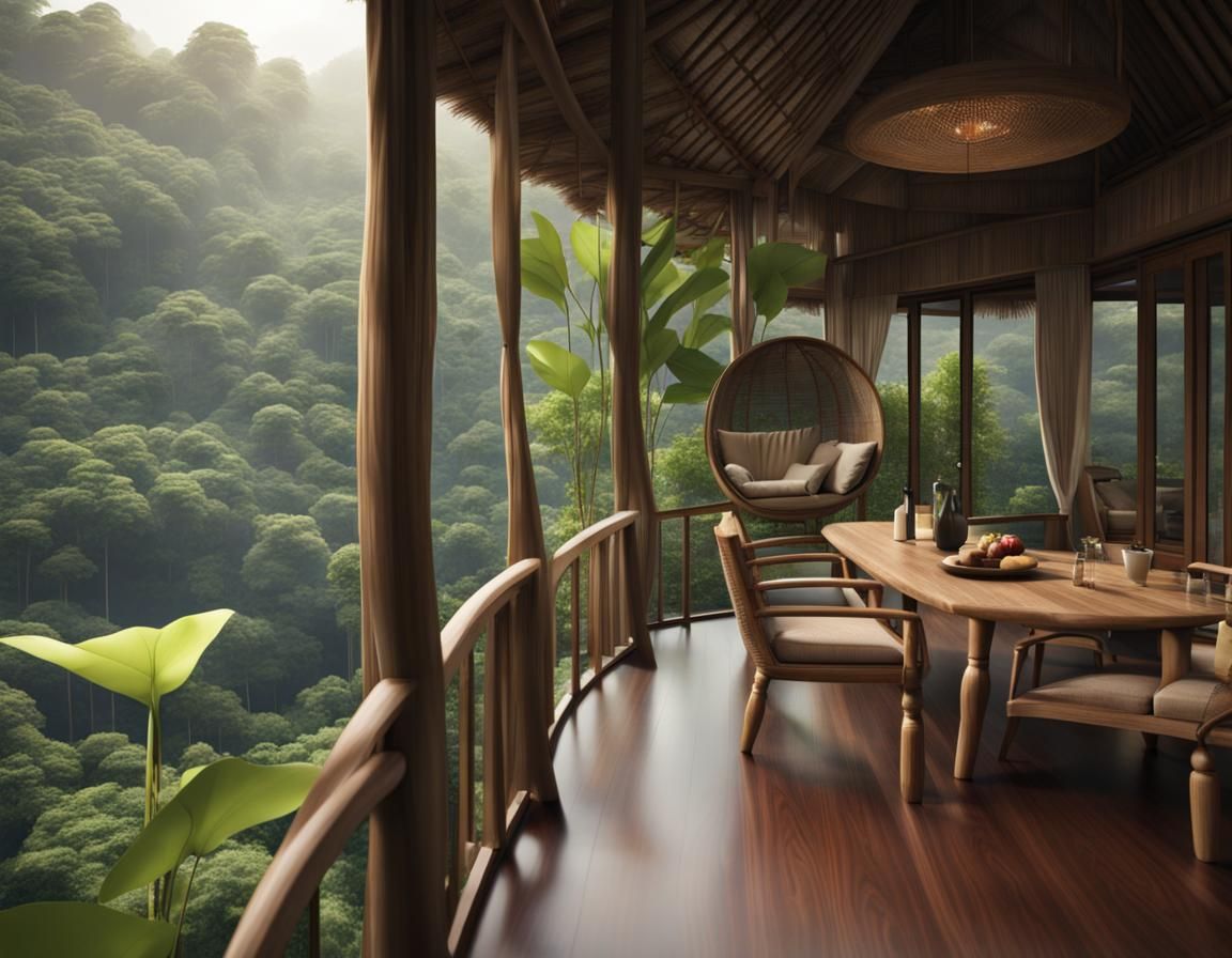 Luxury cottage in the jungle, east asia, terrace, 4k, hyperdetailed - AI Generated Artwork ...