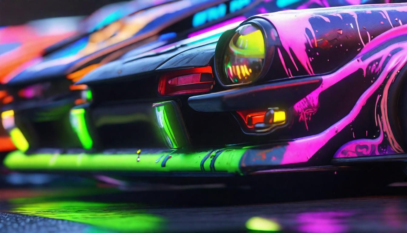 Extreme close-up of neon racecars drag-racing, high intensity launch ...