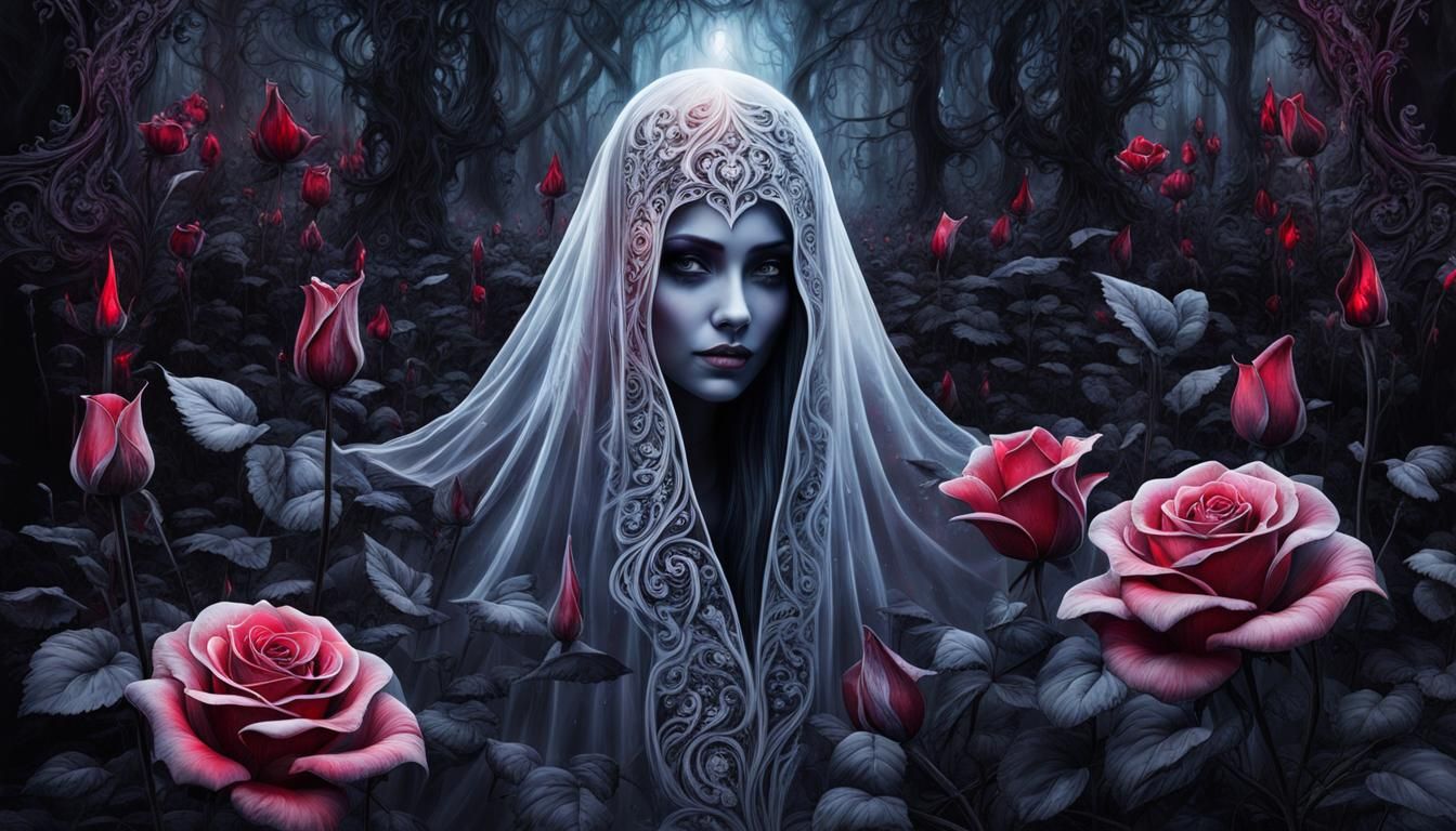 translucent transparent beautiful ghost among black roses in a fantasy ...