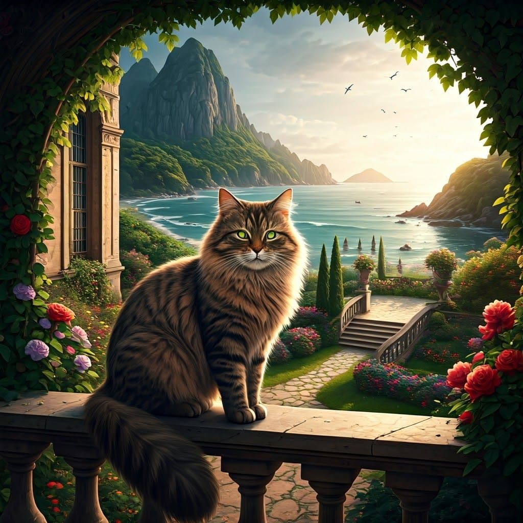 Regal Brown Tabby Cat on Country Mansion Veranda O... - AI Art