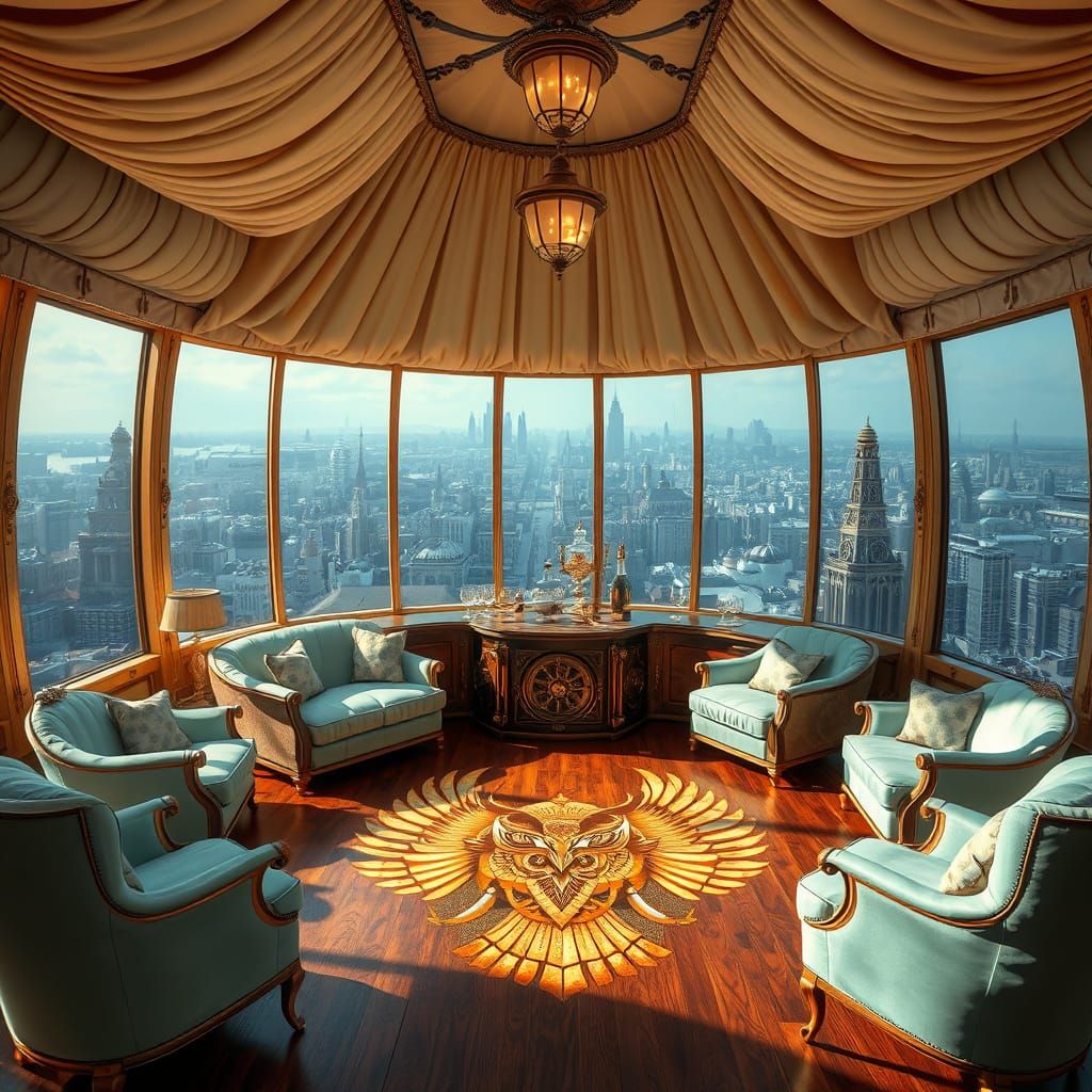 Steampunk Airship Interior with Elegant City Views - AI Art