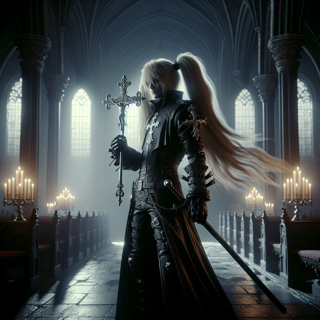Gothic art. A beautiful vampire hunter with extremely long blonde hair ...