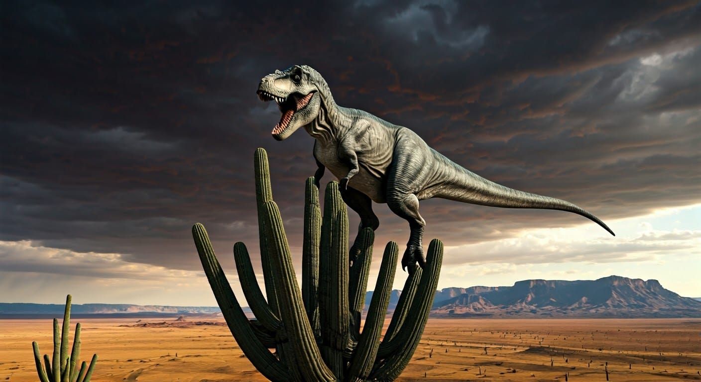 Epic Realistic T-Rex Leaps Over Majestic Cactus in... - AI Art