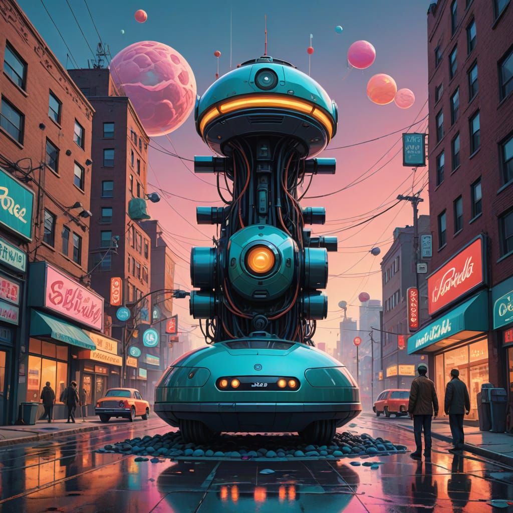Vintage Roomba Dreams in a Candy-Coated City - AI Art
