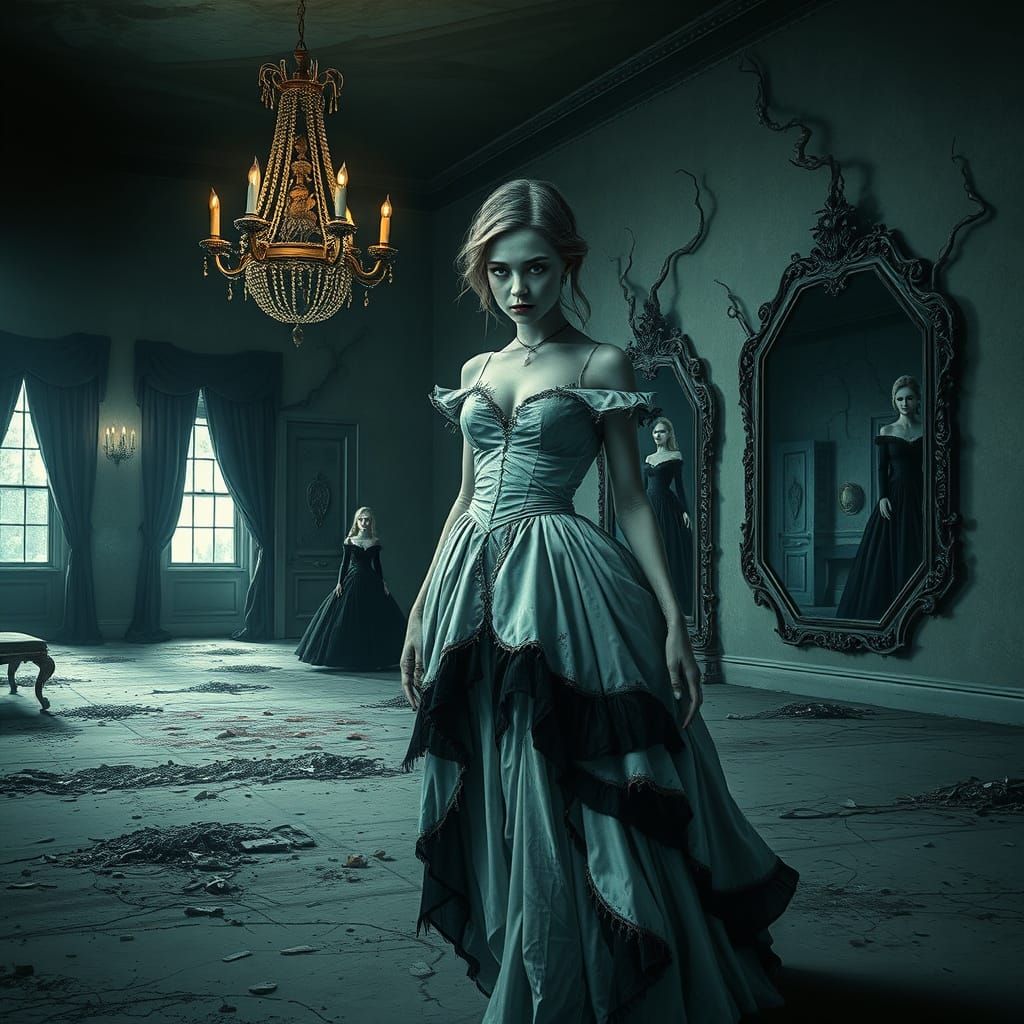 Twisted Cinderella Lost in a Haunting Ballroom - AI Art