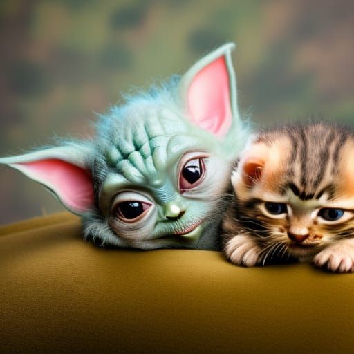 RAW photo, super fine detailed, photo, of cute baby yoda, with kitten, hyperdetailed photography ...