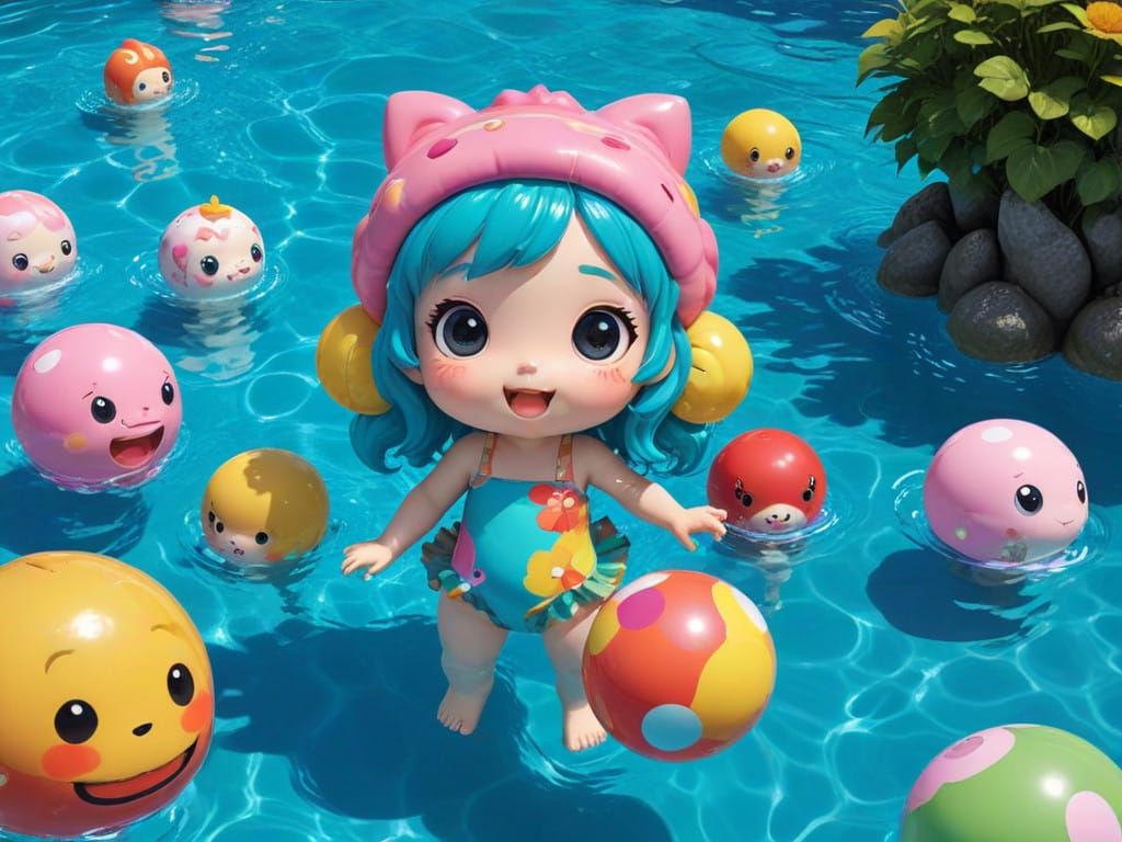 Vibrant Chibi Water Babies in Turquoise Pool - AI Art