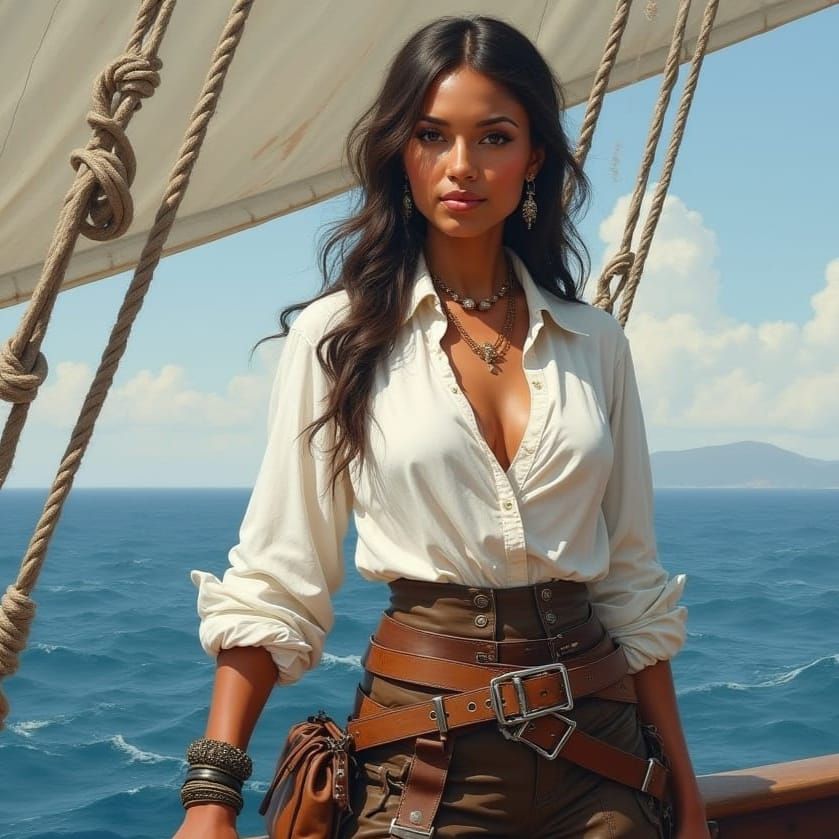 "Seven Seas Stunner" - Vibrant Female Pirate on a Sailing Sh...