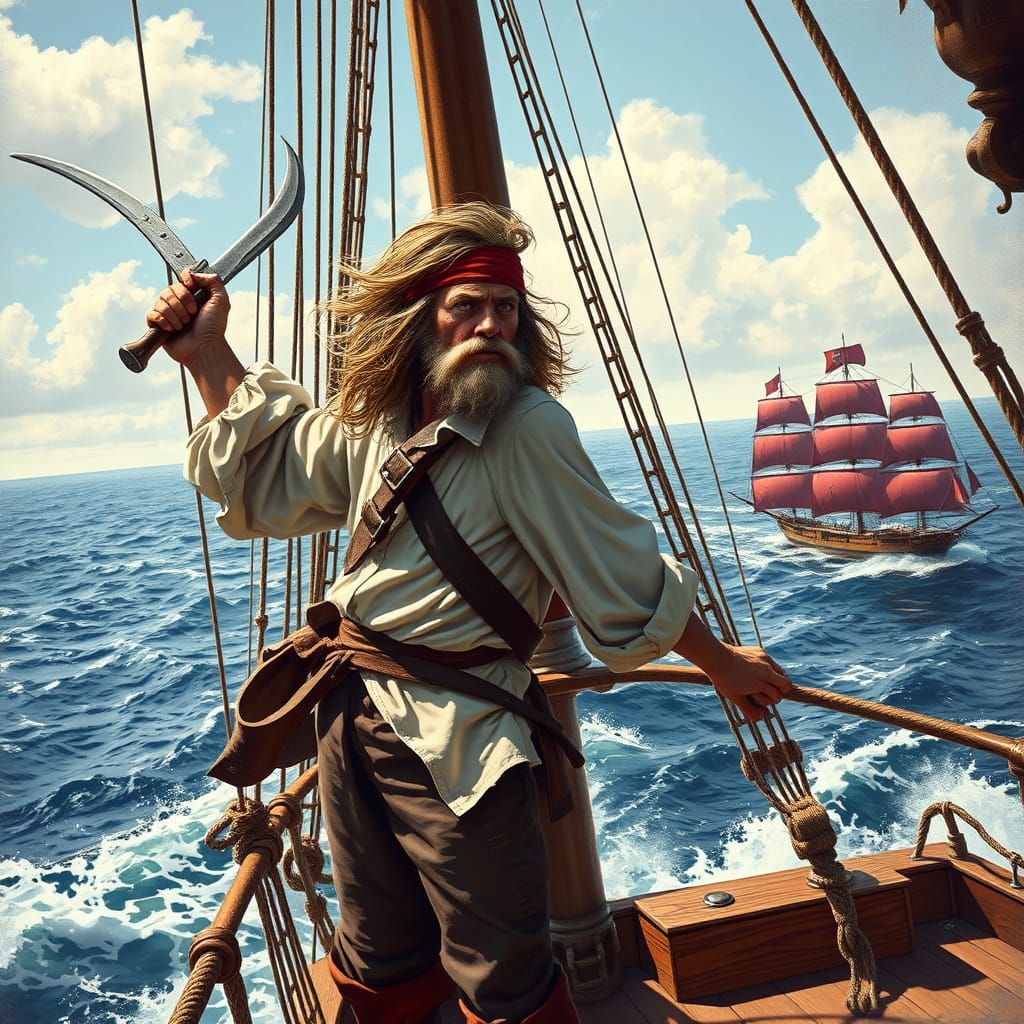 Realistic, full body, swashbuckler standing at the rail of his three ...