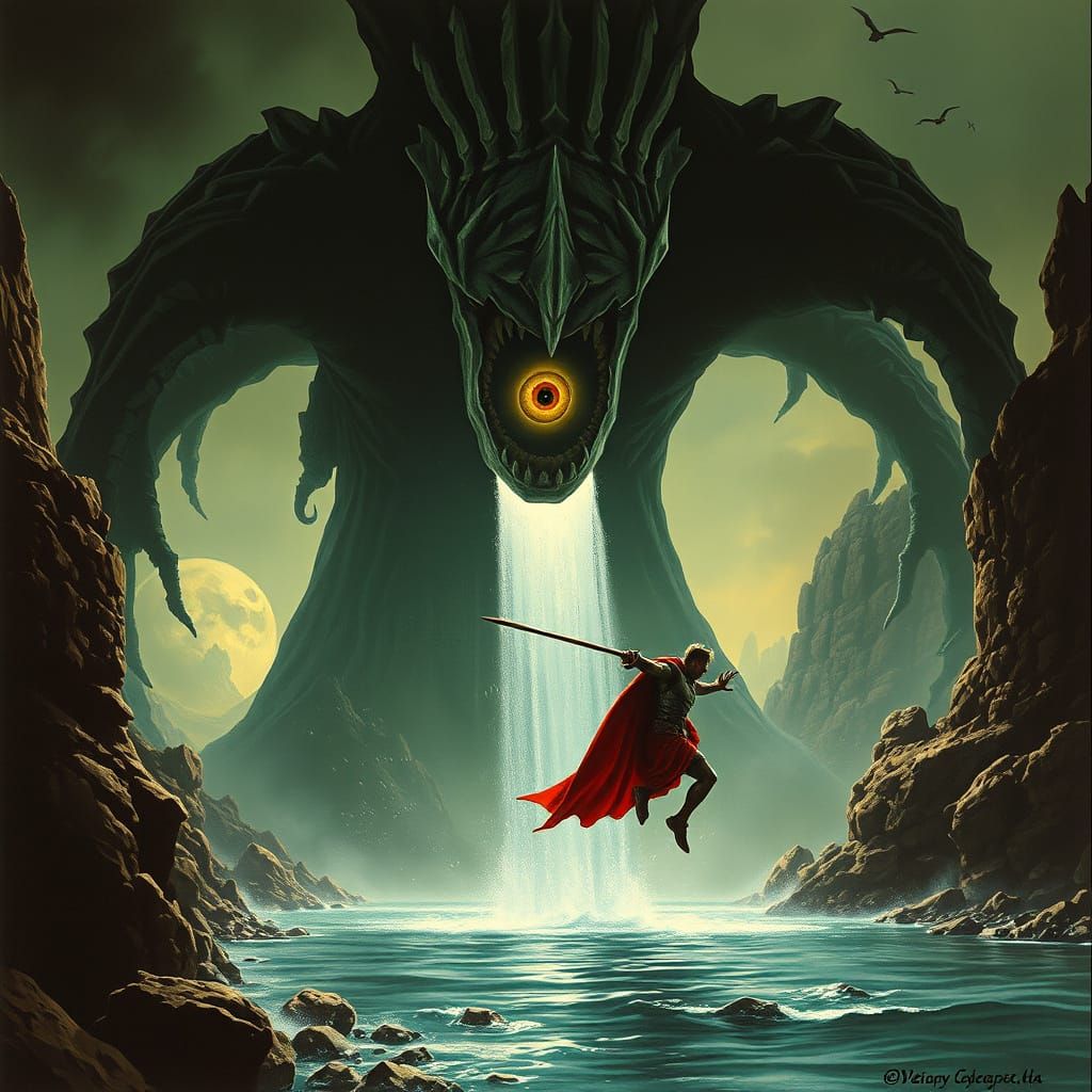 Cyclops Giant Attacks Greek Warrior in Dark Fantas... - AI Art