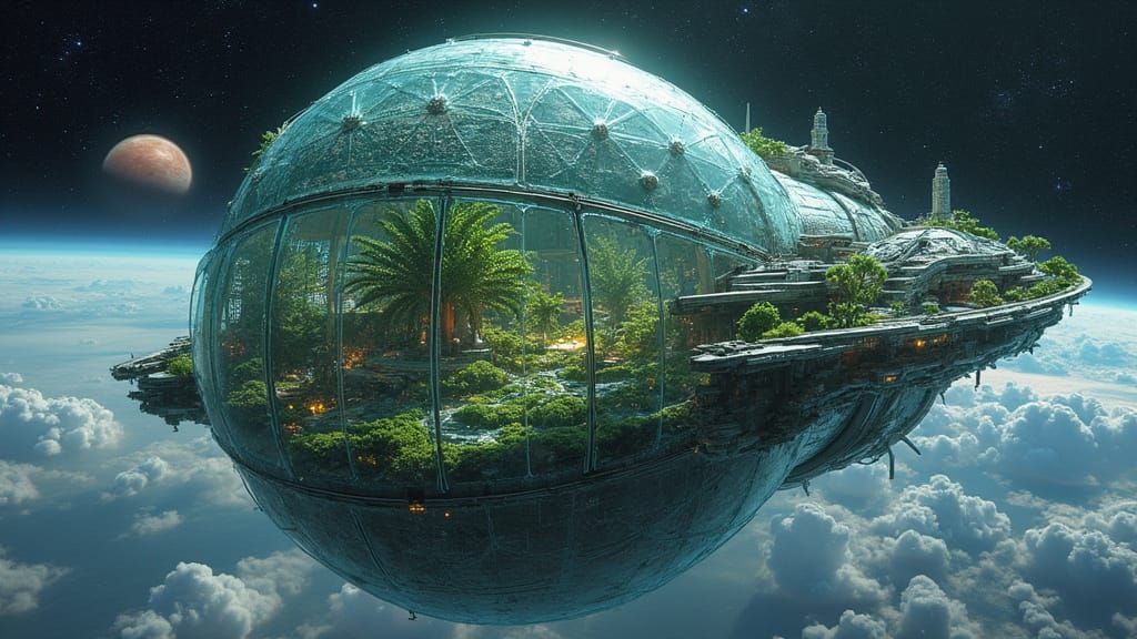 A futuristic biodome, resembling a gleaming crystal hemisphere ...