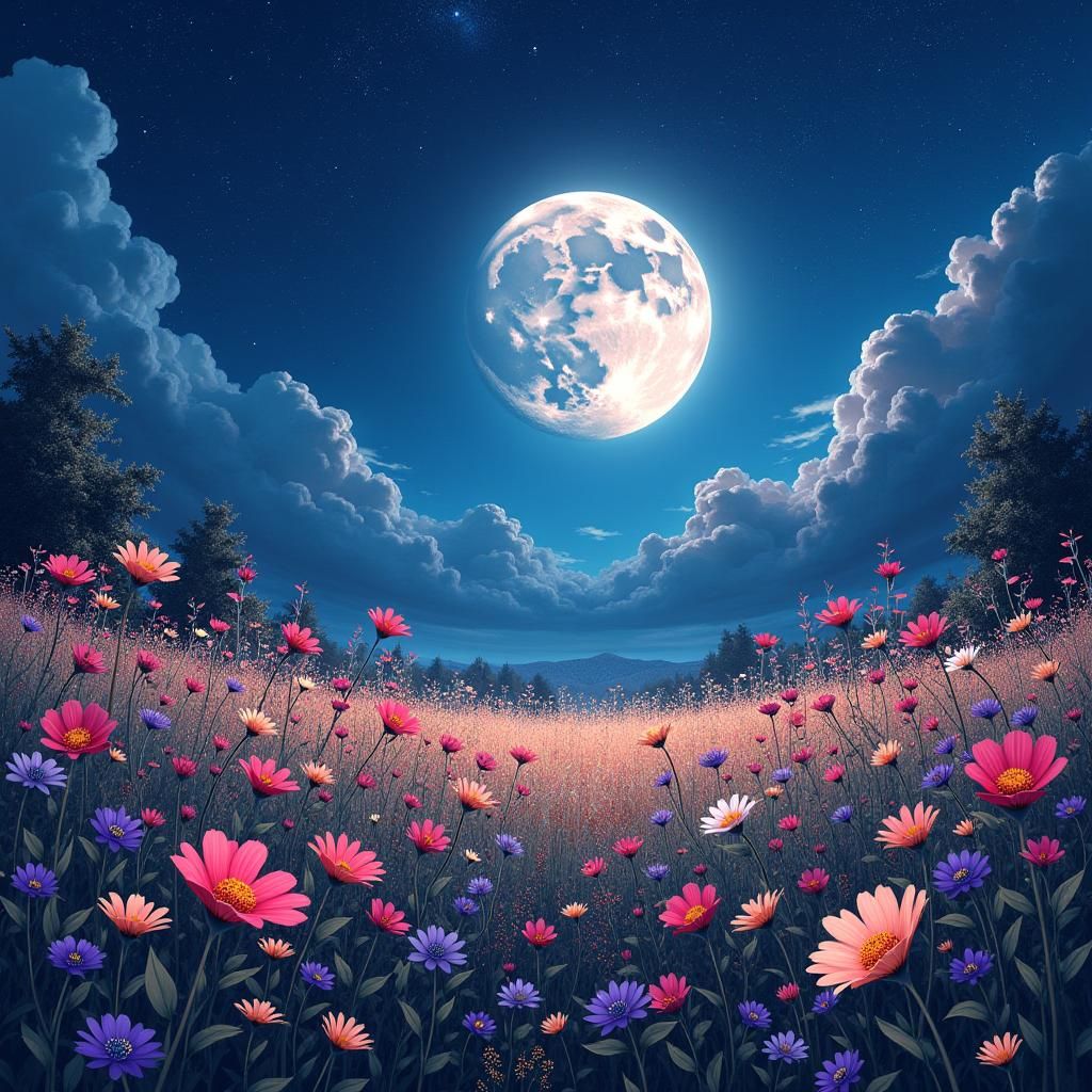 Moonlit Crystals Over Wildflower Field: Fantasy Co... - AI Art