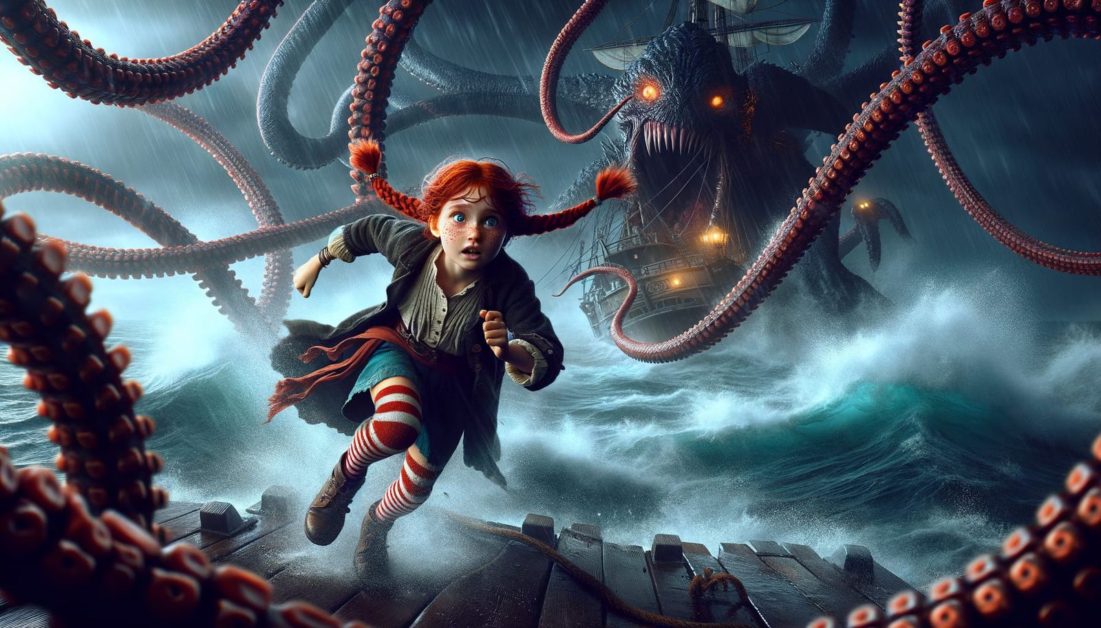 Pippi Longstocking vs The Kraken - AI Generated Artwork - NightCafe Creator