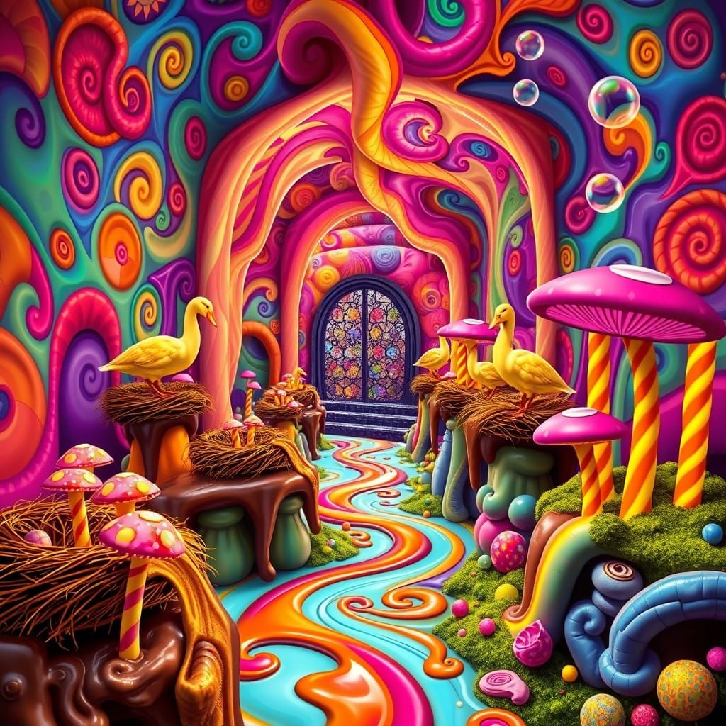 "A hyper-realistic, fantastical scene inside Wonka’s chocolate factory ...