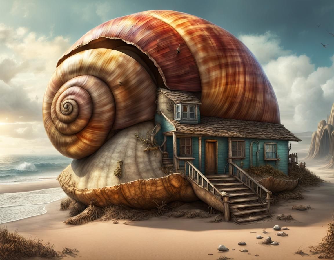 House on a seashore made from one giant snail shell. Fun, whimsical ...