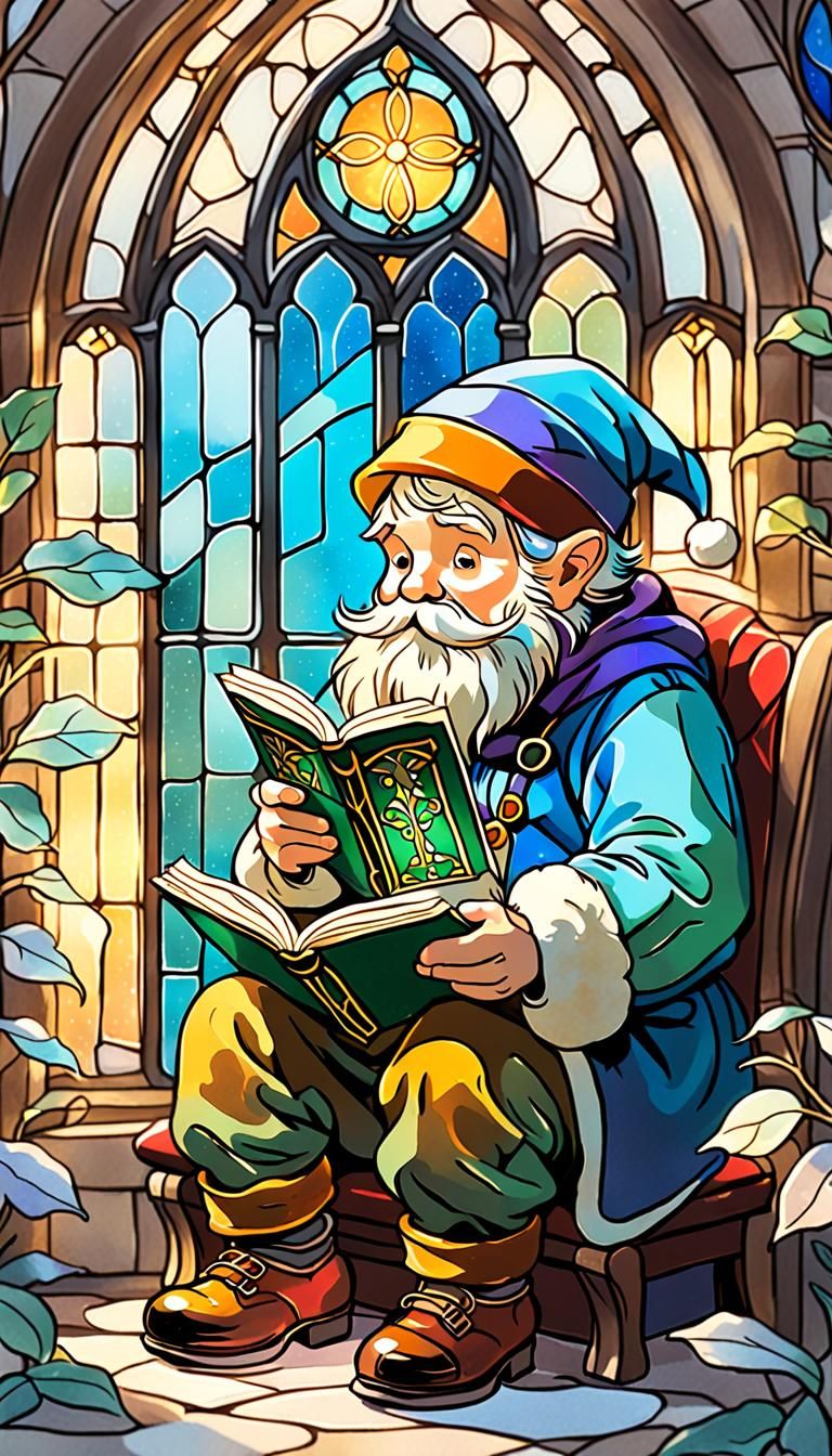 Whimsical Christmas Dwarf Reads in Warm, Cozy Wate... - AI Art