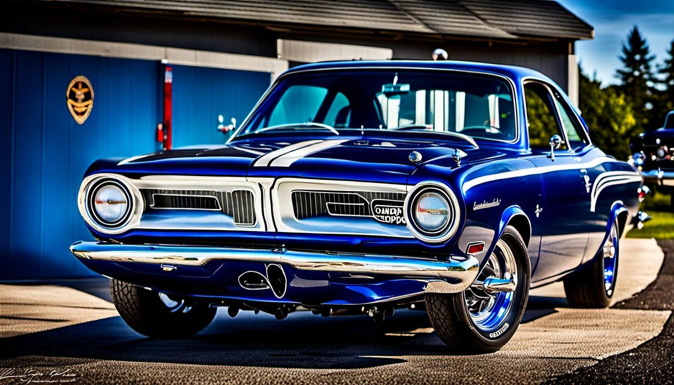 A 1965 Plymouth Barracuda with chrome wheels. Painted on the door is ...