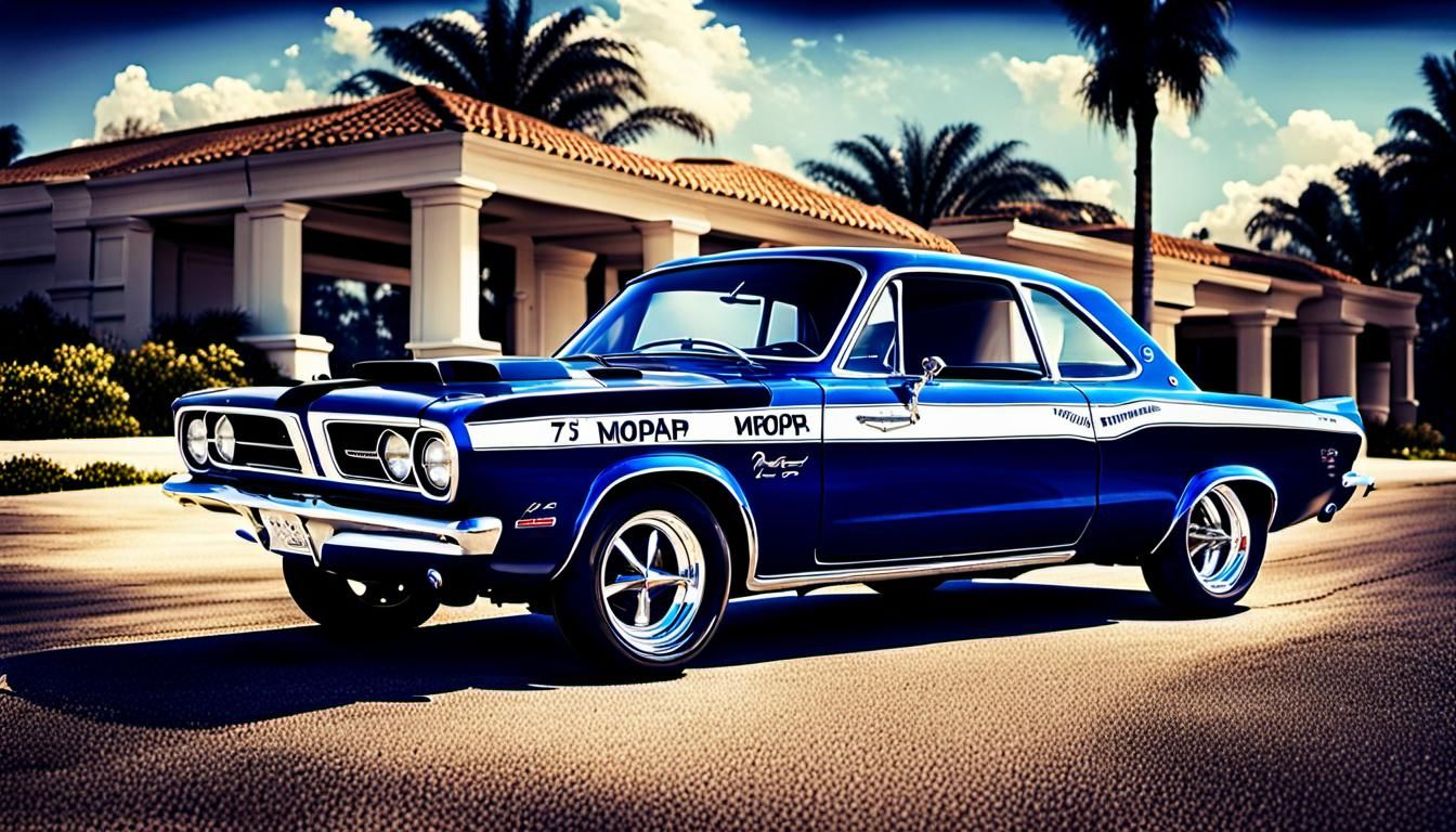 A 1965 Plymouth Barracuda with chrome wheels. Painted on the door is ...