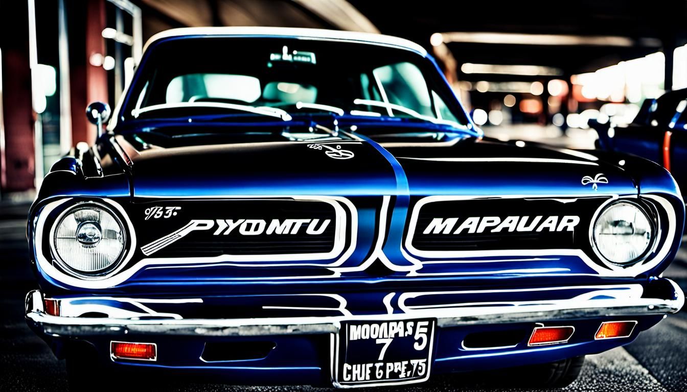 A 1965 Plymouth Barracuda with chrome wheels. Painted on the door is ...