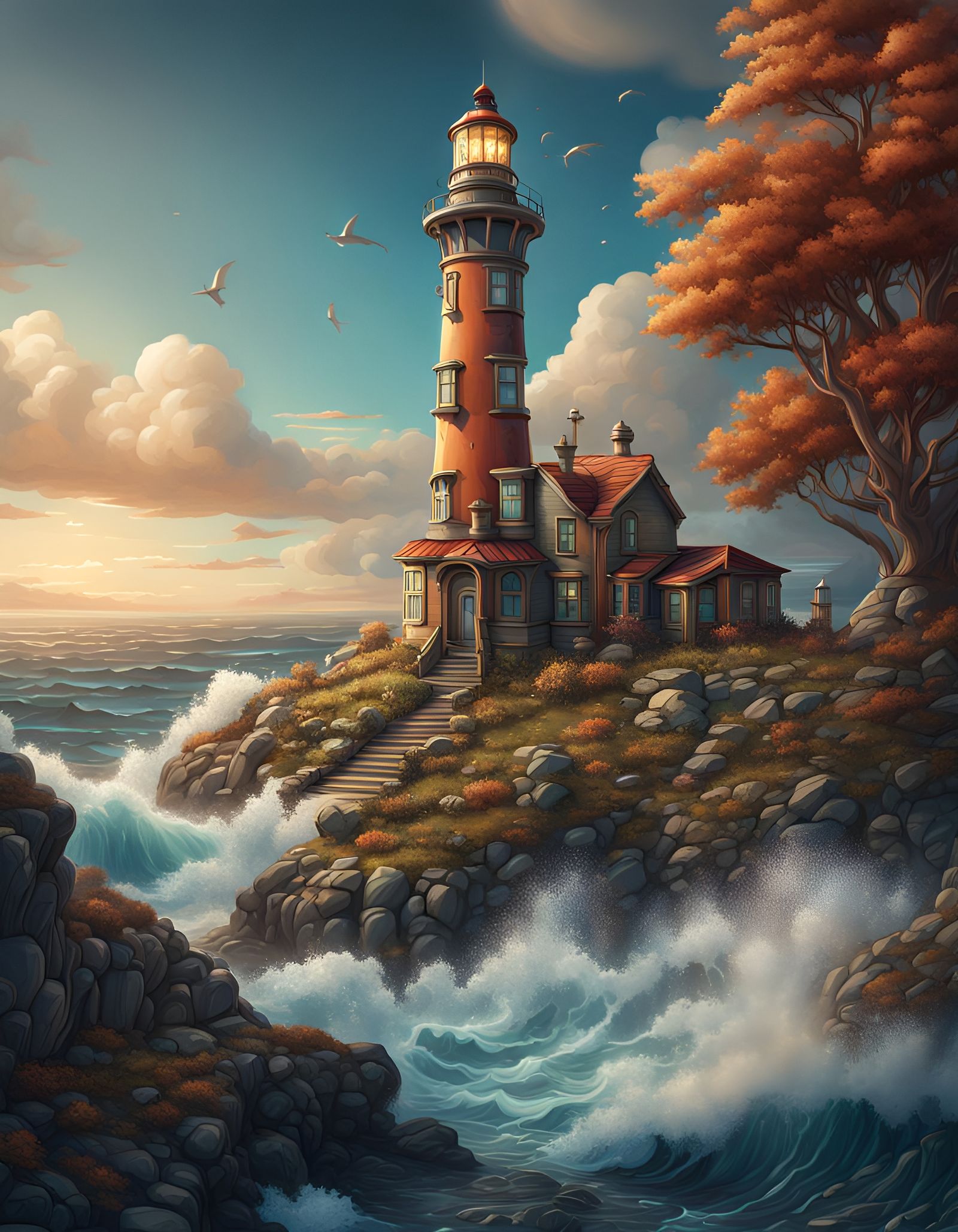 Lithographic print whimsical lighthouse - AI Generated Artwork ...