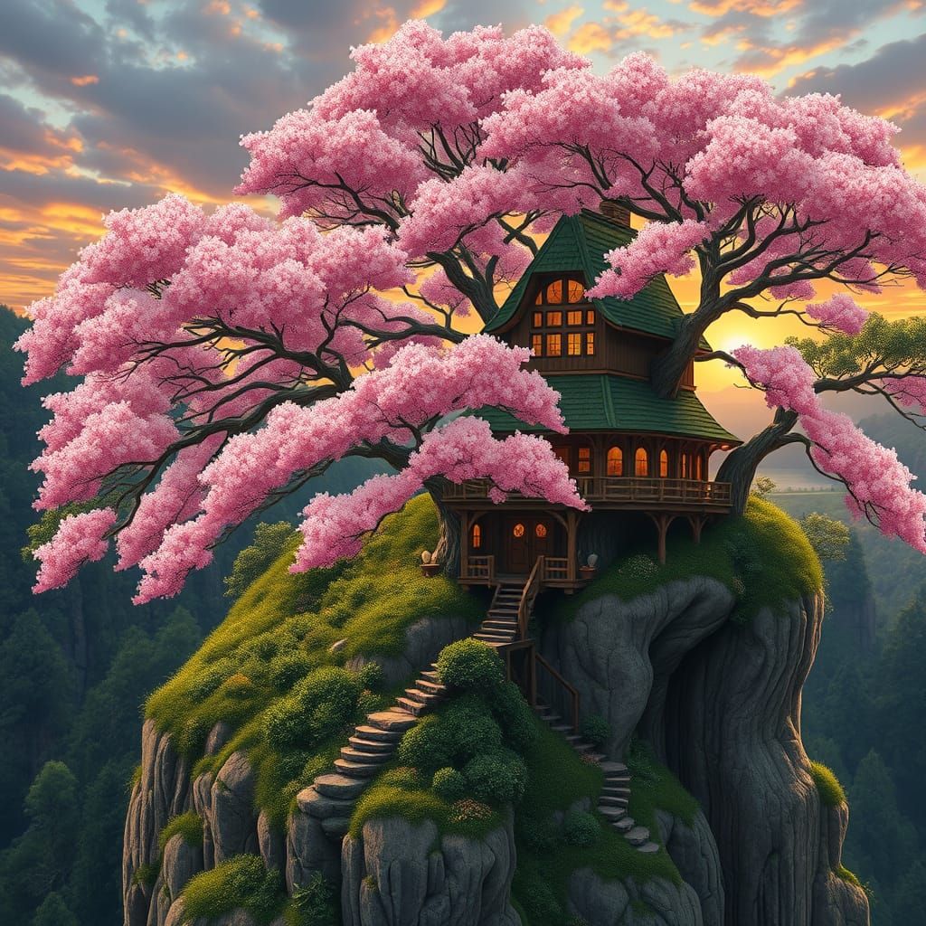 Ethereal Cliffside Treehouse Mansion with Cherry B... - AI Art