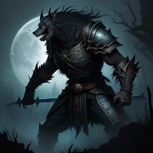 Swordsman Battles Werewolves in a Dark, Misty Medi... - AI Art