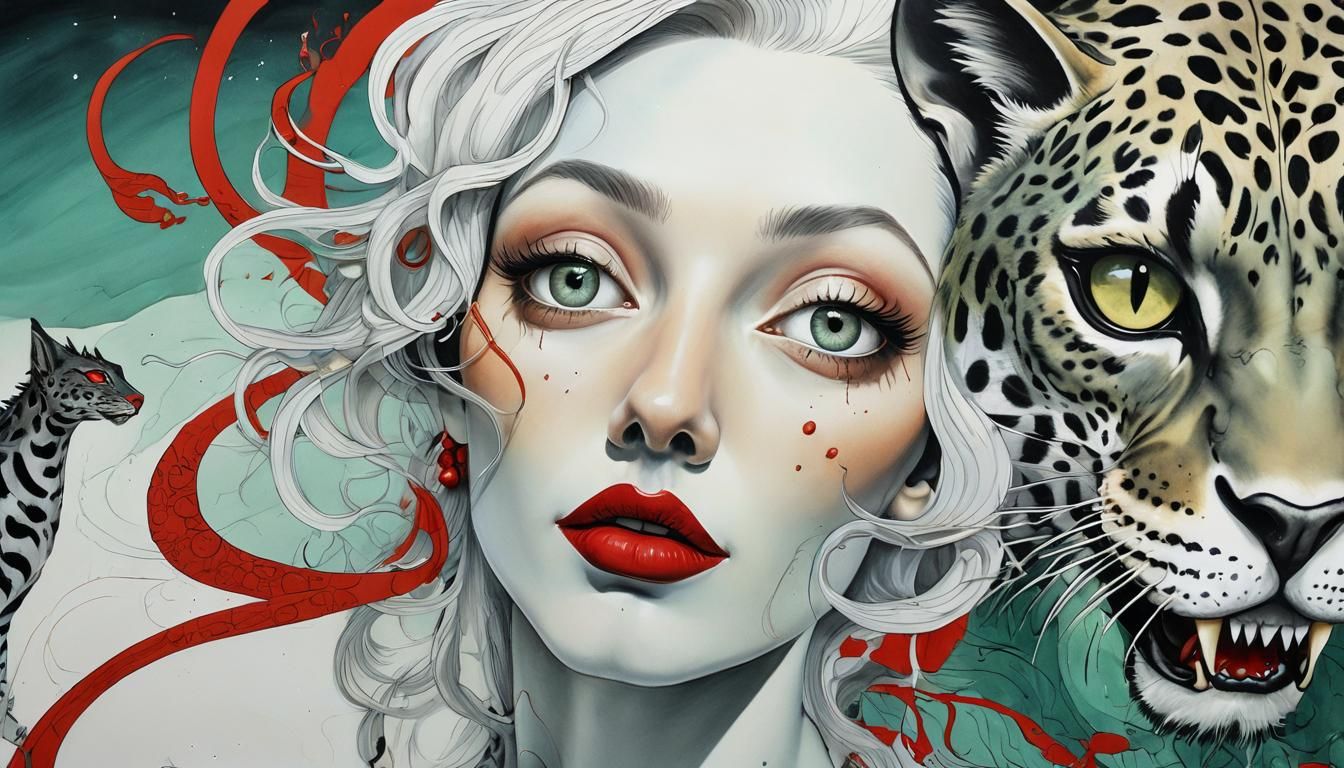 chimera female and a giant bloodthirsty toothy space leopard monster