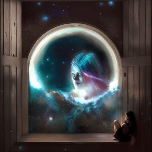 girl looking through open window!!!! stars!!! nebula!!! universe ...