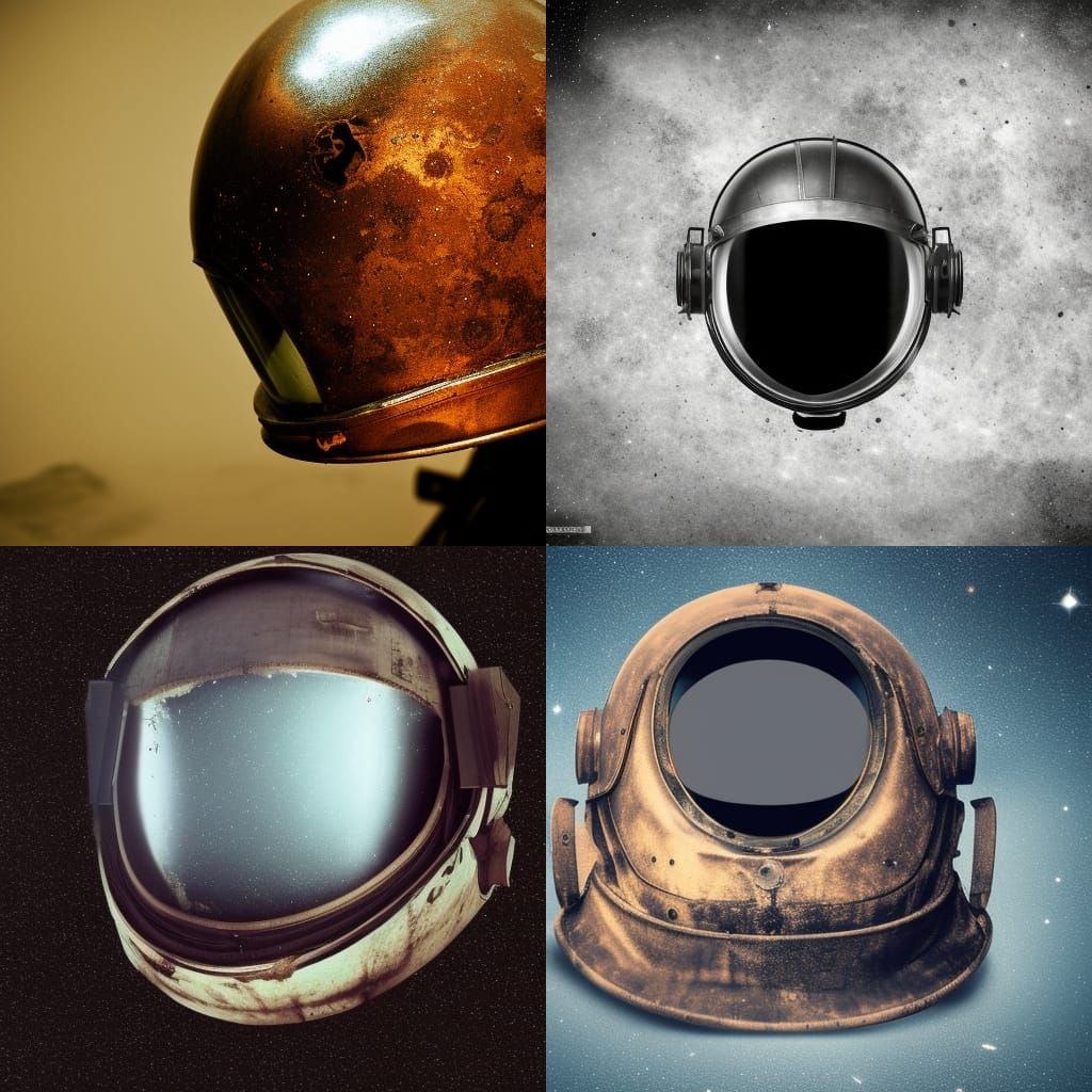 abandoned space helmet floating vast abyss, helmet is old and rusted ...