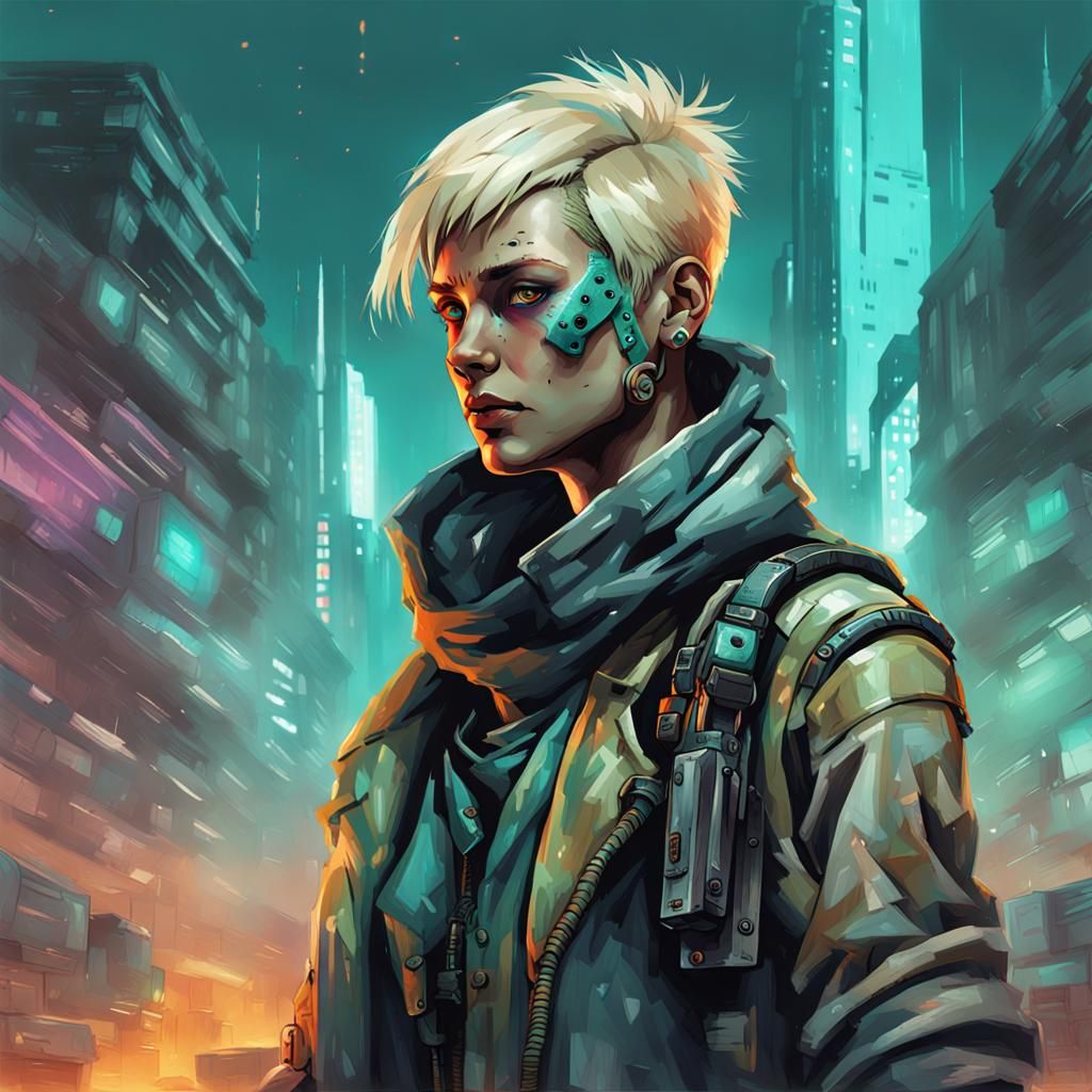 cyberpunk nomad woman with very short blonde hair and metal left arm ...