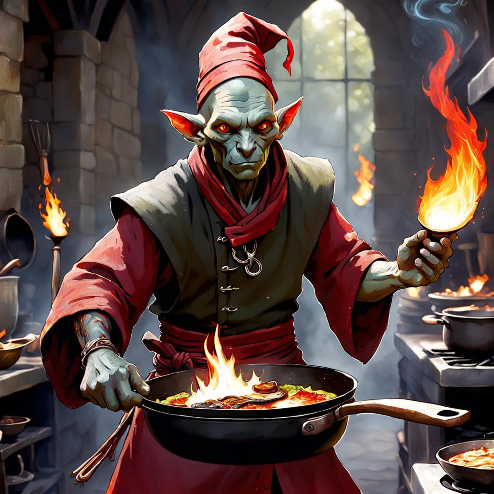 Goblin Male, sorcerer, fire, magic, magical chef, cook, fully clothed ...