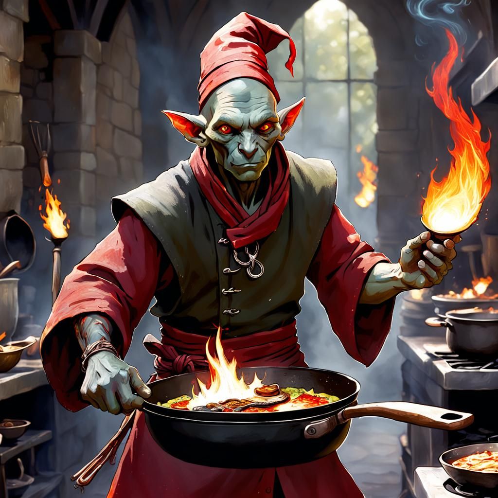 Goblin Male, sorcerer, fire, magic, magical chef, cook, fully clothed ...