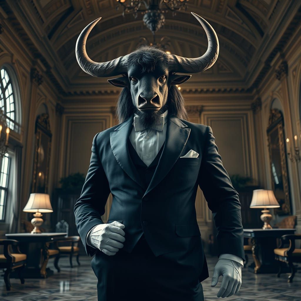 Regal Minotaur Butler Surveys Luxurious Mansion - AI Art