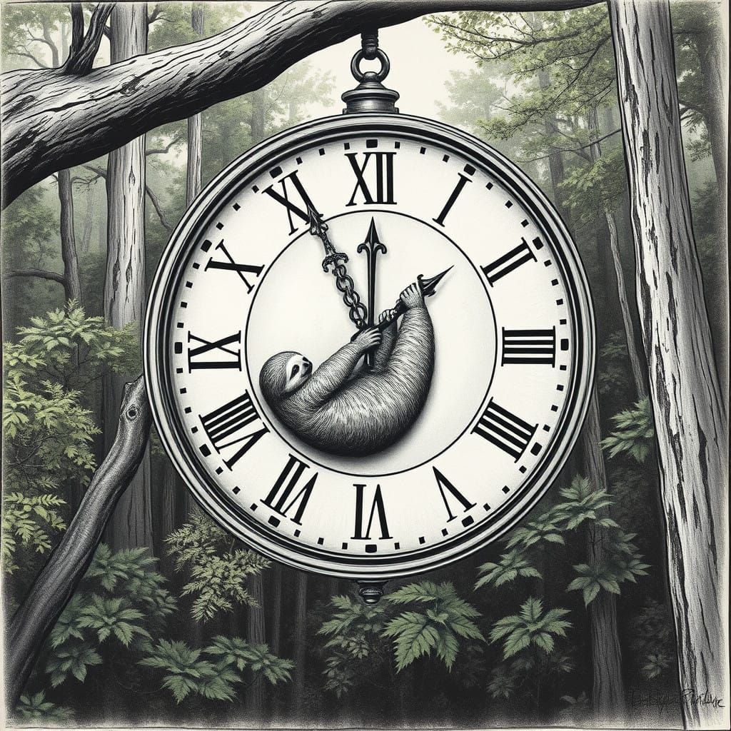 Majestic Clock Tower with Sloth in Lush Forest, in... - AI Art