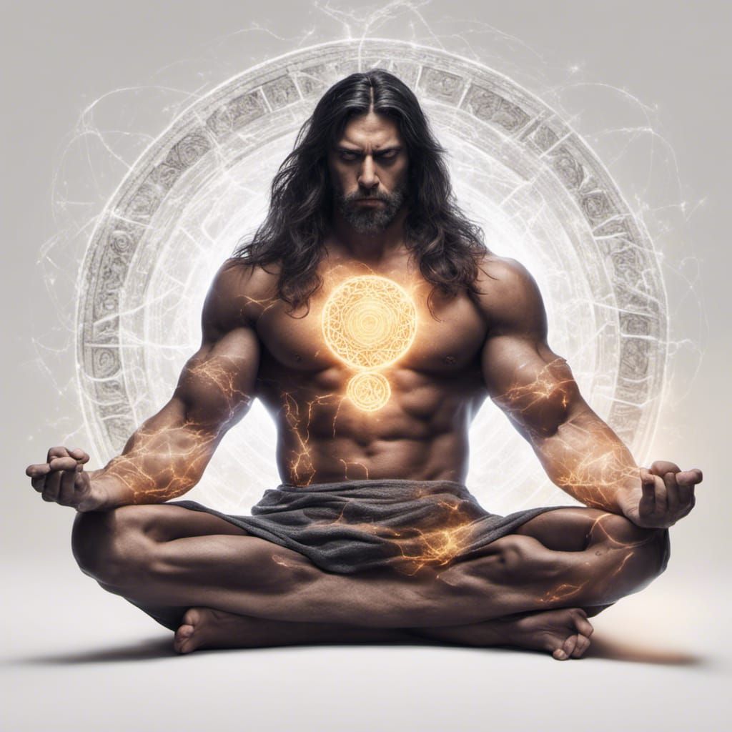 Handsome muscle man God covered in glowing runes meditating with energy ...