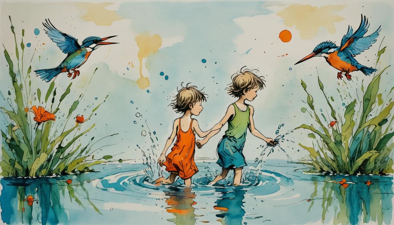 Quentin Blake style boy and girl, bathing, water drawing, summer, one ...